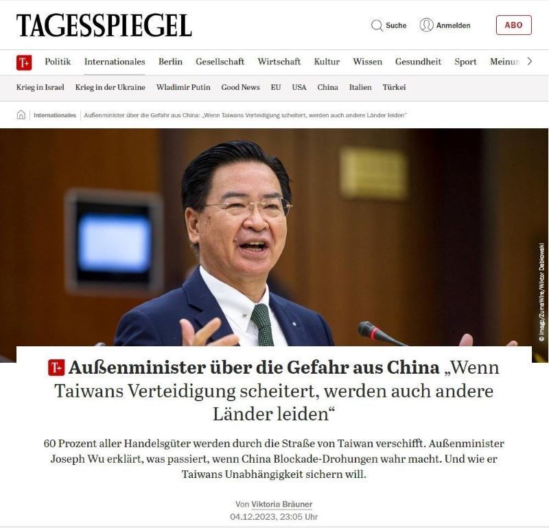 Foreign Minister Wu gives interview to German media - Taiwan Today